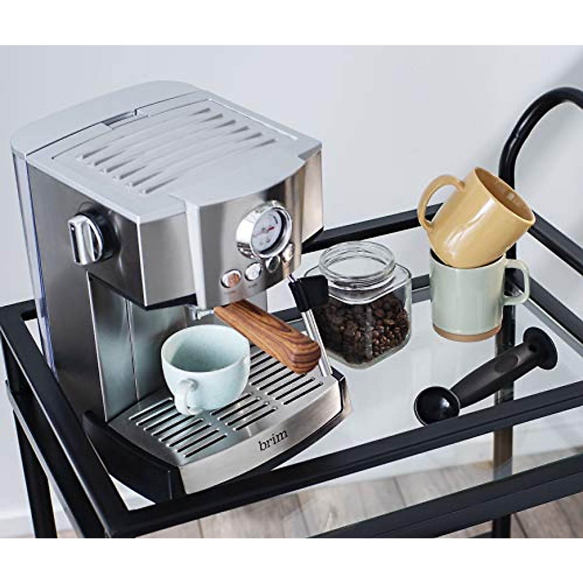 brim 15 Bar Espresso Machine, Cappuccino, Americano, Latte and Espresso Maker, Milk Steamer and Frother, Removable Parts for Easy Cleaning, Stainless Steel/Wood Accents, wood finish handle (50030)
