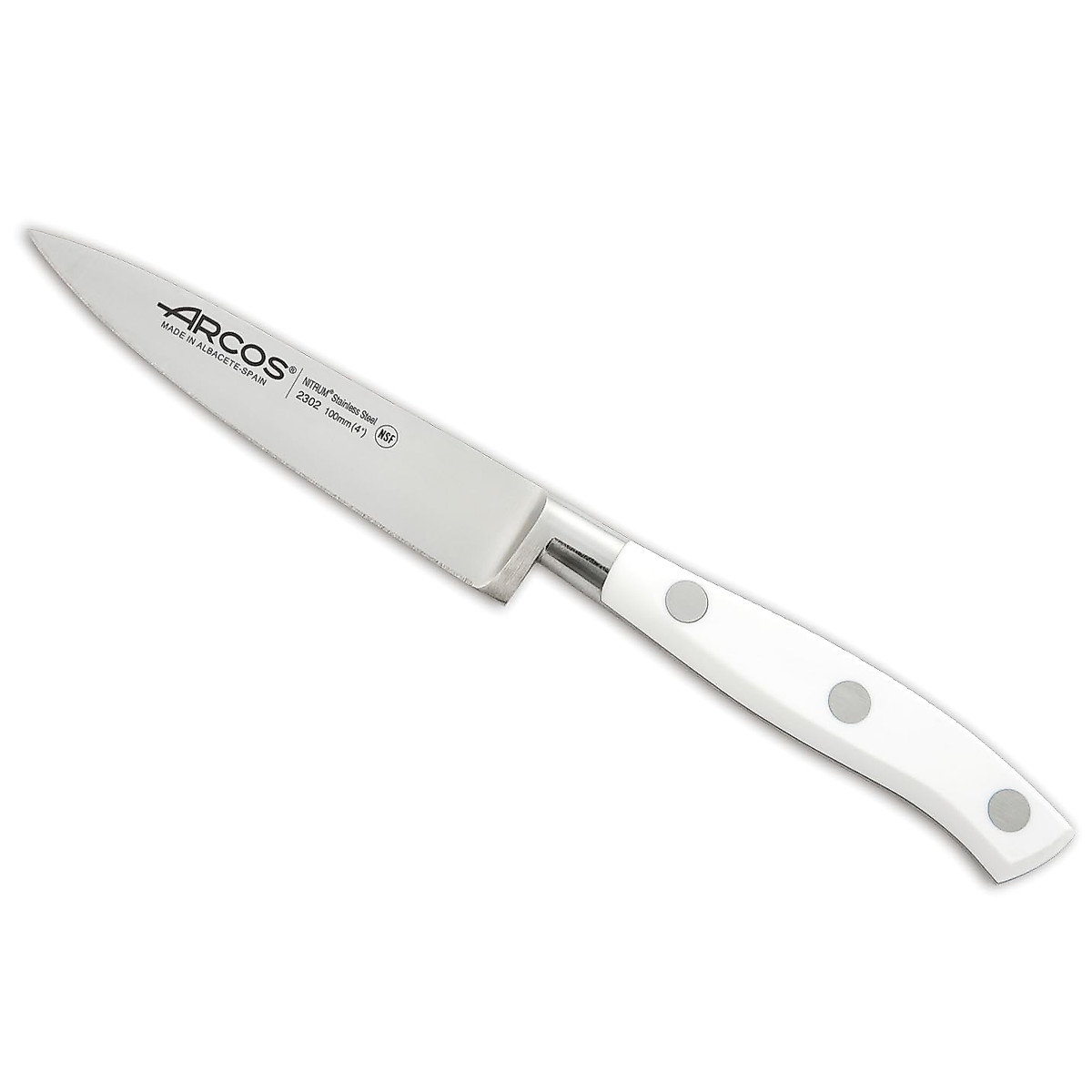 ARCOS Forged Paring Knife 4 Inch Stainless Steel. Kitchen Knife for Peeling Fruits and Vegetables. Ergonomic Polyoxymethylene Handle and 100mm Blade. Series Riviera Blanc. Color White