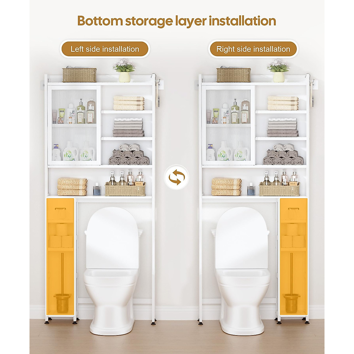 Cozivolife Over The Toilet Storage Cabinet with Acrylic Door Panel and Paper Towel Drawer, Bamboo Toilet Shelf, Organizer Rack Above Toilet for Bathroom (Without Power Strip, White)