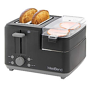 West Bend 78500 2 Slice Breakfast Station Wide Slot Toaster with Removable Crumb Tray includes Meat and Vegetable Warming Tray with Egg Cooker and Poacher, 2-Slice, Black