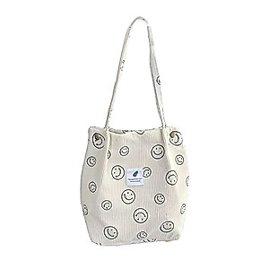 AONUOWE Preppy Smiley Face Tote Bag, Aesthetic Corduroy Tote Shoulder Bags for Women Teen Girls Cute Stuff for School Work Travel (Beige,One Size)