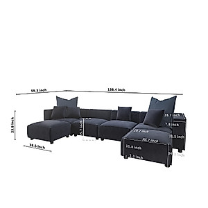 LLappuil Modern Modular Sectional Sofa Set, Low Back Minimalist Style Couch with Ottoman and Chaise Lounge, Soft Fabric 6 Seater 138.4" U Shaped Sofa for Living Room, Dark Grey