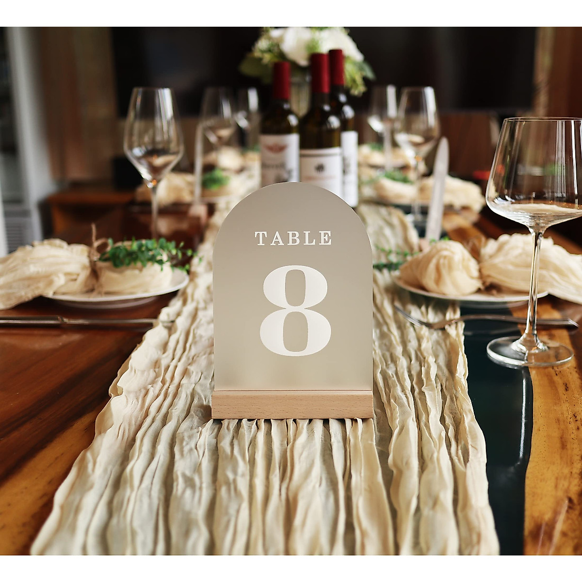 Frosted Arch Wedding Table Numbers with Wooden Stands Holders, 5x7" Acrylic Signs and Holders, Perfect for Centerpiece, Reception, Decoration, Party, Anniversary, Event (Frosted White Font, Number 1-20)