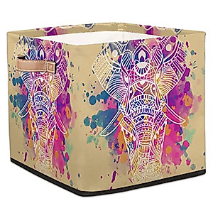 GzLeyigou Large Collapsible Storage Bins,Watercolor Elephant Decorative Canvas Fabric Storage Boxes Organizer with Handles,Cube Square Baskets Bin for Home Shelves Closet Nursery Gifts