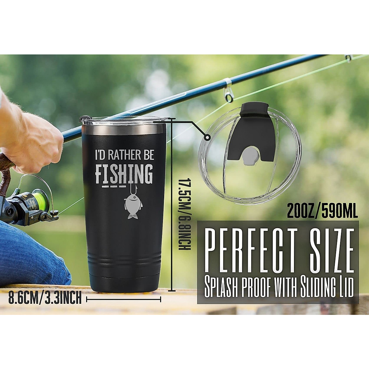 Onebttl Fishing Gifts for Men Guys, Unique Fishing Mug for Him, 20oz Stainless Steel Tumbler Fishing Tumbler for Dad, Husband, Coworkers, Friends, I'd Rather be FXXXing