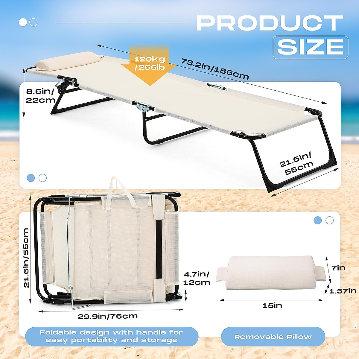 Suzile 2 Pack Folding Chaise Lounge Chairs Outdoor Adjustable Beach Tanning Chair with 5 Position Reclining Back Detachable Pillow Breathable Mesh Sun Lounger for Beach Pool Yard Camping(Beige)