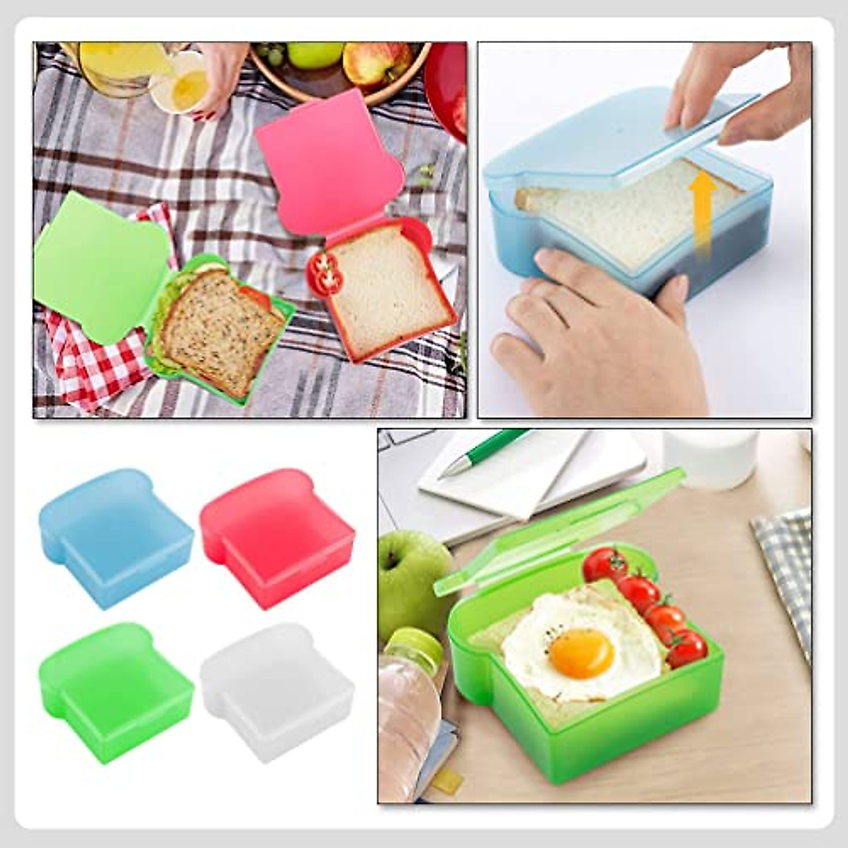 Zerodeko 4Pcs Sandwich Container Box, Toast Shaped Food Storage Holder with Lids, Food Grade Plastic Lunch Prep Box Resuable Toast Bread Preservation Box (Random Colors)