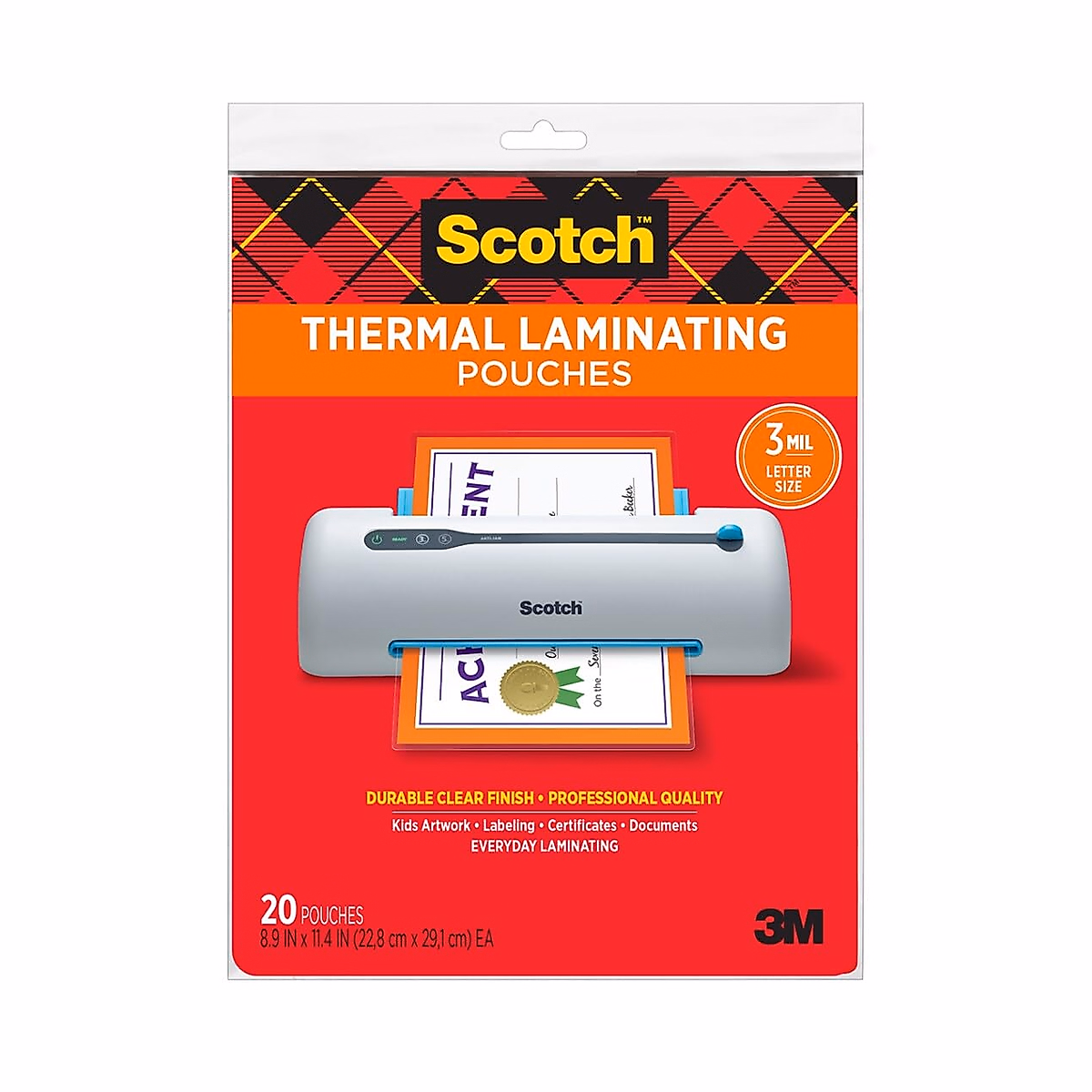 Scotch Thermal Laminating Pouches, 3 Mil thick, Durable, Clean Finish, Professional, Quality, 8.9 x 11.4-Inches, 20-Pack, Clear (TP3854-20)