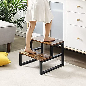 IBUYKE 2-Step Wooden Step Stools for Kids Adults,with Metal Frame, Holds Up to 500lb, Bedside Steping Foot Stool for Bedroom, Livingroom, Kitchen, Rustic Brown TBD002H