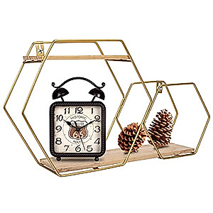 Fasyou Hexagon Floating Shelves Cute Gold Honeycomb Shelves Wall Mounted Shelves with Metal Bracket Rustic Solid Wood Wall Shelves for Living Room,Bedroom,Gold