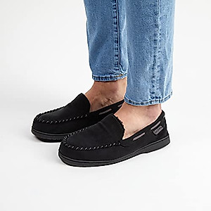 Dearfoams Men's Keaton Memory Foam Moccasin with Wide Widths Slipper, Black Microsuede, Small