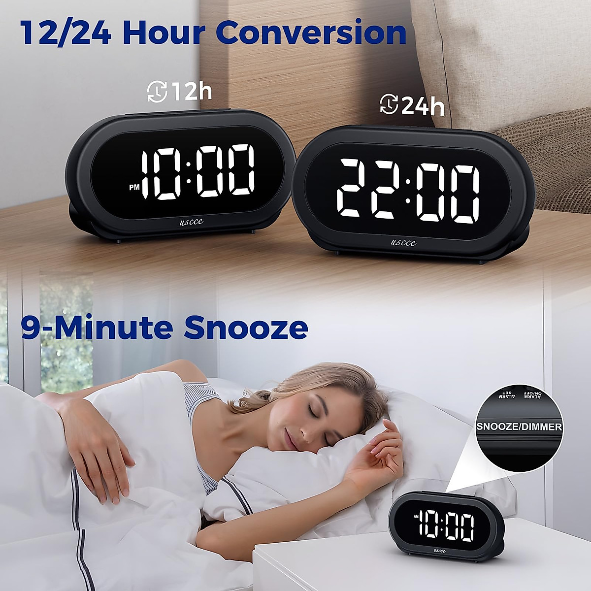USCCE Small LED Digital Alarm Clock with Snooze, Easy to Set, Full Range Brightness Dimmer, Adjustable Alarm Volume with 5 Alarm Sounds, USB Charger, 12/24Hr, Compact Clock for Bedrooms, Bedside, Desk
