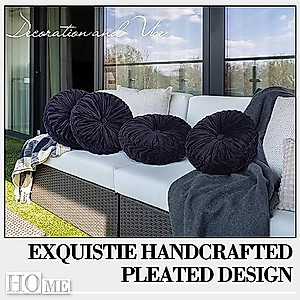 Kathfly 4 Count Round Throw Pillow Velvet Pleated 3D Pumpkin Round Pillow Boho Floor Cushion Couch for Bed Chair Home Car Sofa Decorations, 14.17 x 14.17 Inches (Black)