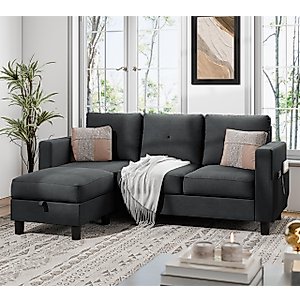 JAMFLY Sectional Sofas Couches for Living Room, L Shaped Couch with Storage Sofa Set, Small Couches for Small Spaces with Movable Ottoman, Black