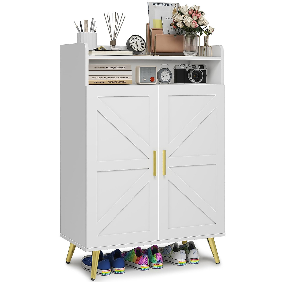 Shoe Storage Cabinet with Doors, 7-Tier Shoe Cabinet for Entryway with Sensor LED Light, Freestanding Shoes Storage Organizer with Adjustable Shelves and Open Storage for Hallway, Living Room, White