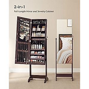 SONGMICS Jewelry Cabinet Armoire, Freestanding Lockable Storage Organizer Unit with 2 Plastic Cosmetic Storage, Full-Length Frameless Mirror, for Necklace Earring, Brown UJJC002K01