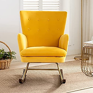 DUOMAY Modern Accent Rocking Chair, Velvet Tufted Uplostered Glider Rocker Armchair for Baby Nursery, Comfy Side Leisure Chair with Gold Legs for Living Room Bedroom Office, Yellow