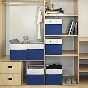 Foldable Storage Bins 13x13 Storage Cubes Fabric Linen Storage Baskets for Shelves Drawer with Handles for Organizing Closet, Utility Room, Storage Room, Nursery, Bedroom Set of 4 White & Navy Blue