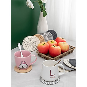 Boho Drink Coasters & Seagrass Basket Holder Set, 6 Styles 12 Pcs Handmade Braided Absorbent Coasters for Drinks, Hand Woven Seagrass Wicker Basket, Heat-resistant Woven Coasters for Table Home Decor