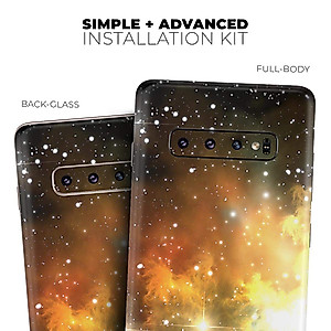 DesignSkinz Glowing Gold & Black Nebula | Protective Vinyl Decal Wrap Skin Cover Compatible with The Samsung Galaxy S10e (Full-Body, Screen Trim & Back Glass Skin)