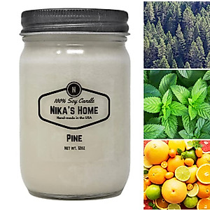 Nika's Home Pine Soy Candle 12oz Mason Jar Non-Toxic White Soy Candle-Hand Poured Candle- Handmade, Long Burning 50-60 Hours Highly Scented All Natural, Clean Burning Large Candle Gift Décor