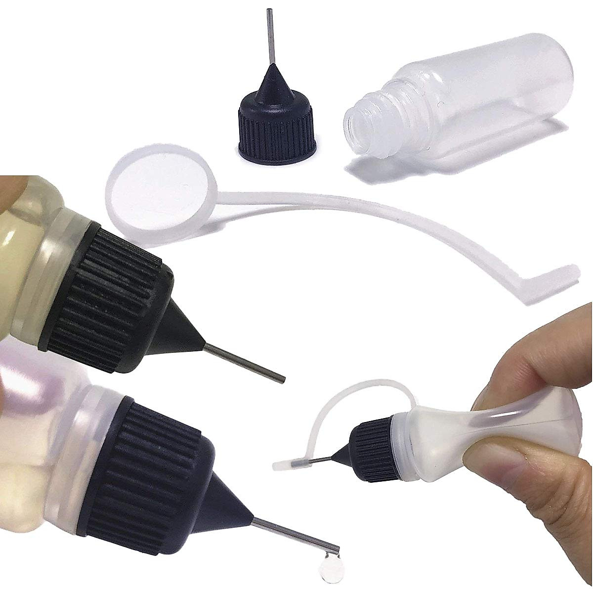 AKOAK 12 Pcs PE Plastic Squeezable Dropper Bottles with Needle Tip Caps for Glue/Liquid/Oil,Capacity 10ml (White cap)