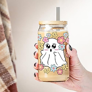 GSPY Halloween Ghost Iced Coffee Glass Cups, 16oz Cute Floral Ghost Can Shaped Glass Cups with Lids and Straws, Halloween Gifts, Spooky Halloween Tumbler Mug for Women Girls
