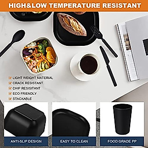 afcevnlb 24 Piece Wheat Straw Square Dinnerware Sets for 4, Unbreakable Dinner Plates and Bowls Sets for Camping Party Grill (Black)