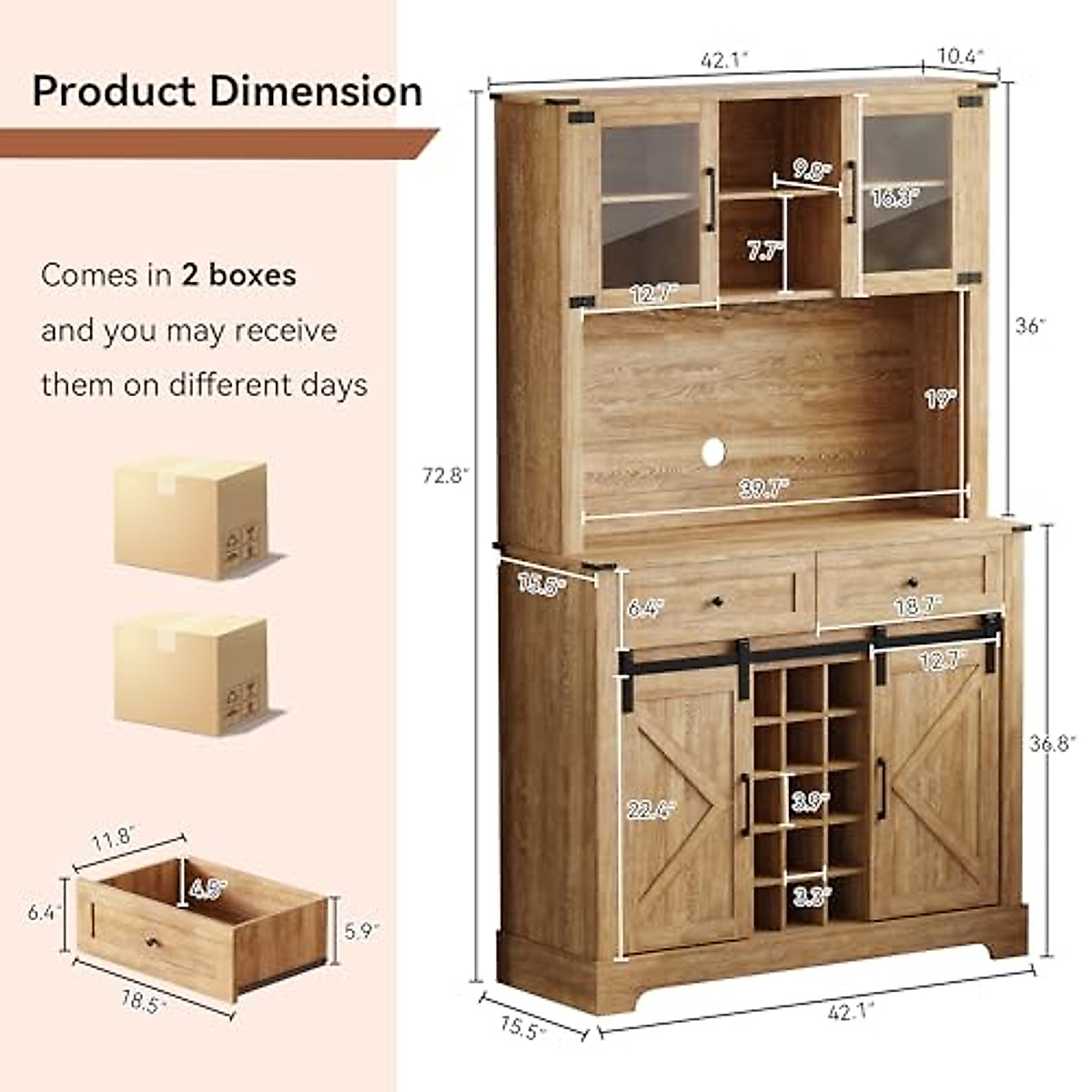 ARTPOWER Coffeee Bar Cabinet with Wine&Glass Racks, 72" Hutch Storage Cabinet with Farmhouse Sliding Barn Door, Kitchen Pantry Buffet Cabinet with Drawers for Dining Room, Oak