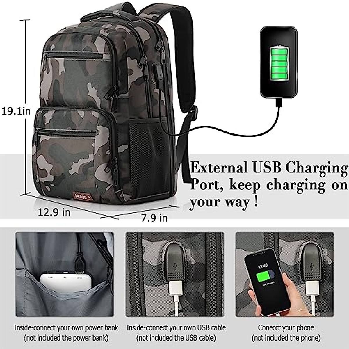 BIKROD Travel Laptop Backpack, School Backpacks for Teen Boys Water Resistant Back Pack with USB Charging Port, Business Anti Theft Durable Computer Bag Gifts Fits 15.6 Inch Laptop-Camouflage