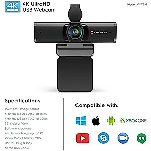 Amcrest 4K Webcam w/Microphone & Privacy Cover, Web Cam USB Camera, Computer HD Streaming Webcam for PC Desktop & Laptop w/Mic, Wide Angle Lens & Large Sensor for Superior Low Light (AWC897)