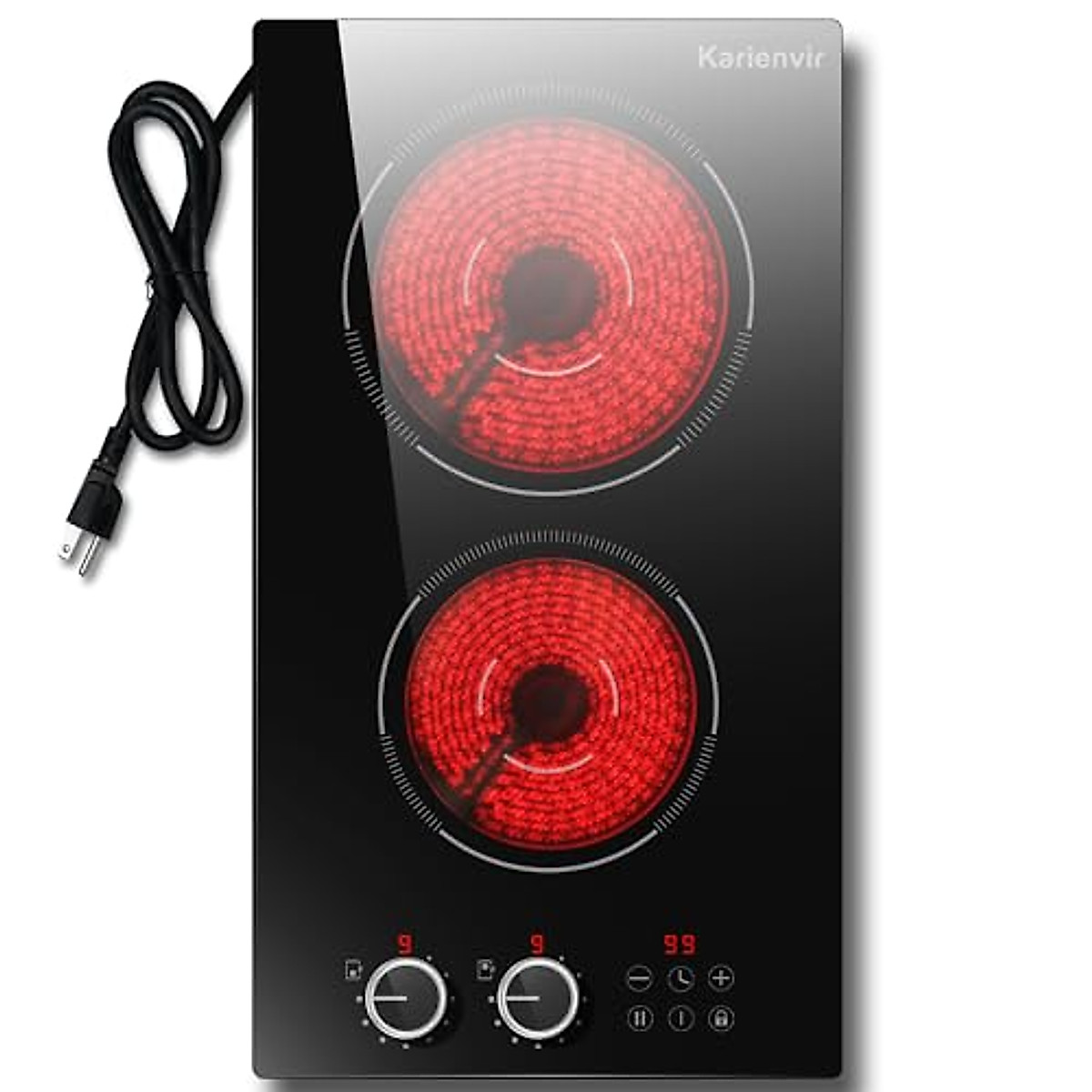 2 Bruner Electric Cooktop, Plug in Electric Cooktop 110v, 12 Inch Kitchen Electrics Stove Countertop & Built-In, Knob and Touch Control, 9 Power Levels, 2000w, Safety Lock, Pause, Timer, Karienvir