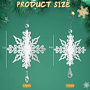 White Christmas Snowflake Ornaments - 8Pcs Plastic 3D Glitter White Snowflake Ornaments with Crystal Pendant and Hook for Christmas Tree Decorations Winter Wonderland Frozen Birthday Party Supplies
