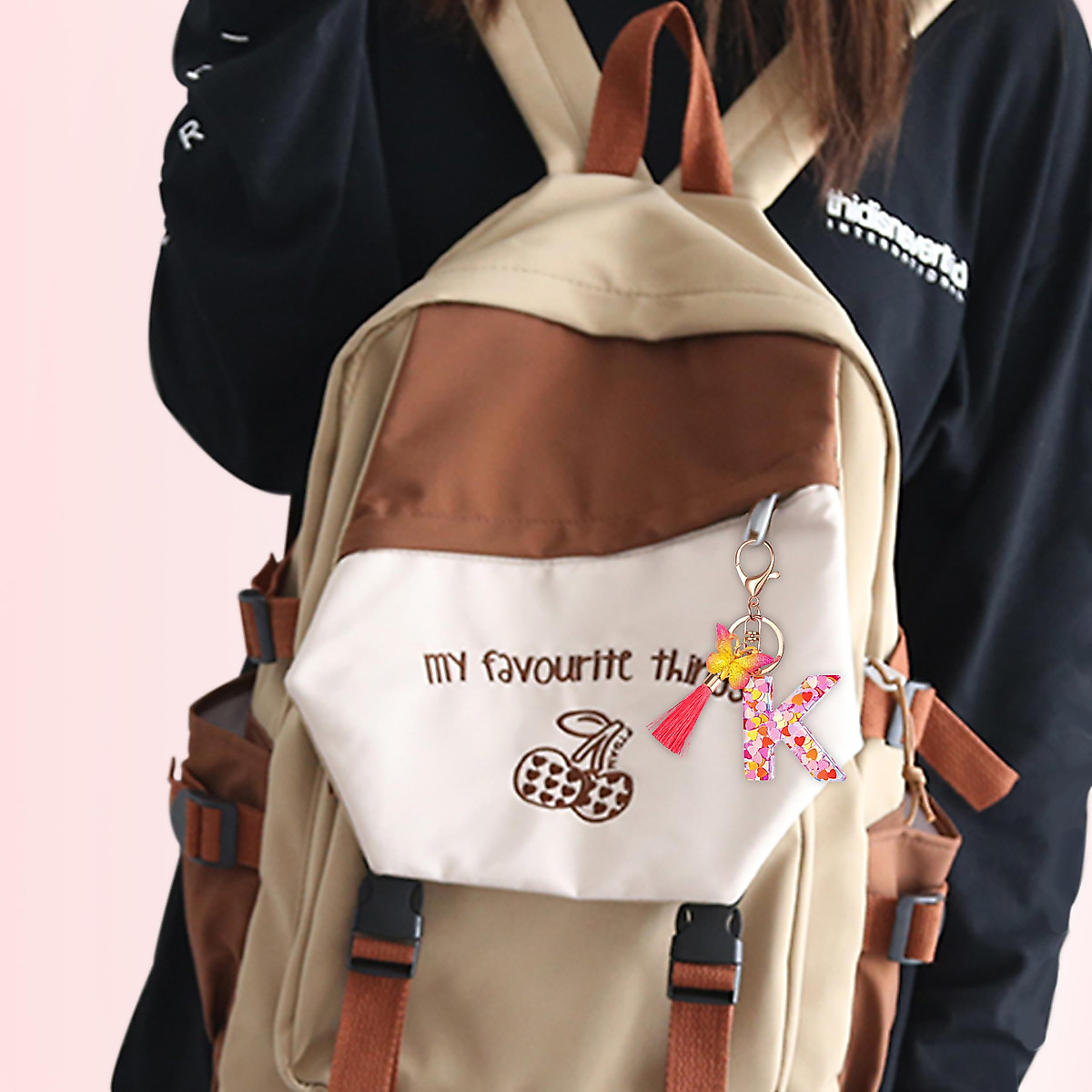 Suweibuke Colourful Cute Initial Letter Keychains for Women Girls with Tassel Butterfly, Charm for Purse Backpacks Handbags Schoolbags (Colorful Pink-K)