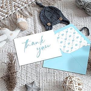 AZAZA Baby Shower Thank You Cards with Envelopes Footprint Liners, 30pcs Baby Boy Blue Thank You Cards 4x6, Thank You Note and Gold Stickers for Baby Gift Sets (Blue Envelopes & White Cards)