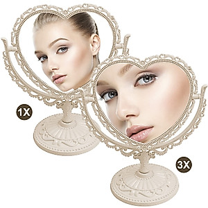 D&XQAUO Heart Shaped Mirror - Coquette Room Decor for Desk, Vanity & Bathroom - Cute Table Mirror with Stand (Beige)