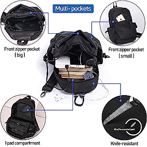 Small Black Sling Crossbody Backpack Shoulder Bag for Men Women, Waterproof Lightweight One Strap Backpack Sling Bag Backpack for Hiking Walking Biking Travel Cycling USB Charger Port-Nylon