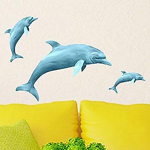 Amaonm Removable 3 Pcs Jumping Blue Dolphin Wall Decals DIY Wall Stickers 3D Nursery Art Decor Peel Stick Decoration Decal for Girls Bedroom Kids Bathroom Living Room Window Door Sticker Murals