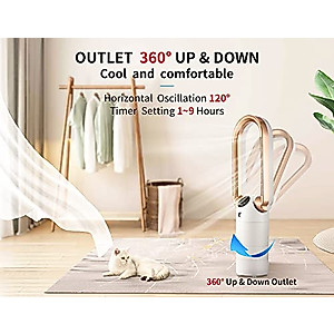 Ocean Loong Bladeless Tower Fans with Remote Control, 28 inch Quite Cooling Fan with 120° Oscillation & 270°Tilt Head, 9 Hours Timer, 9 Speeds Air Circulator for Bedroom Office Home, White/Gold