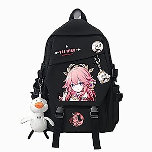 EVYUTAO Yae Miko,Black Soft Travel Adult Student Backpack,Genshin Impact,Durable Nylon Load Bag,Large Capacity Waterproof Bag