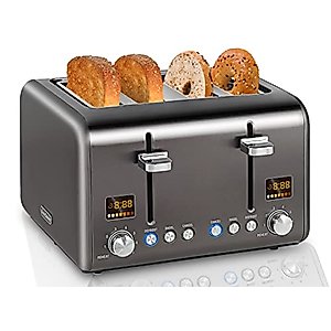 SEEDEEM Toaster 4 Slice, Stainless Steel Bread Toaster with Colorful LCD Display, 7 Bread Shade Settings, 1.4'' Wide Slots Toaster with Bagel/Defrost/Reheat Functions, Removable Crumb Tray, Dark Metallic, 1800W