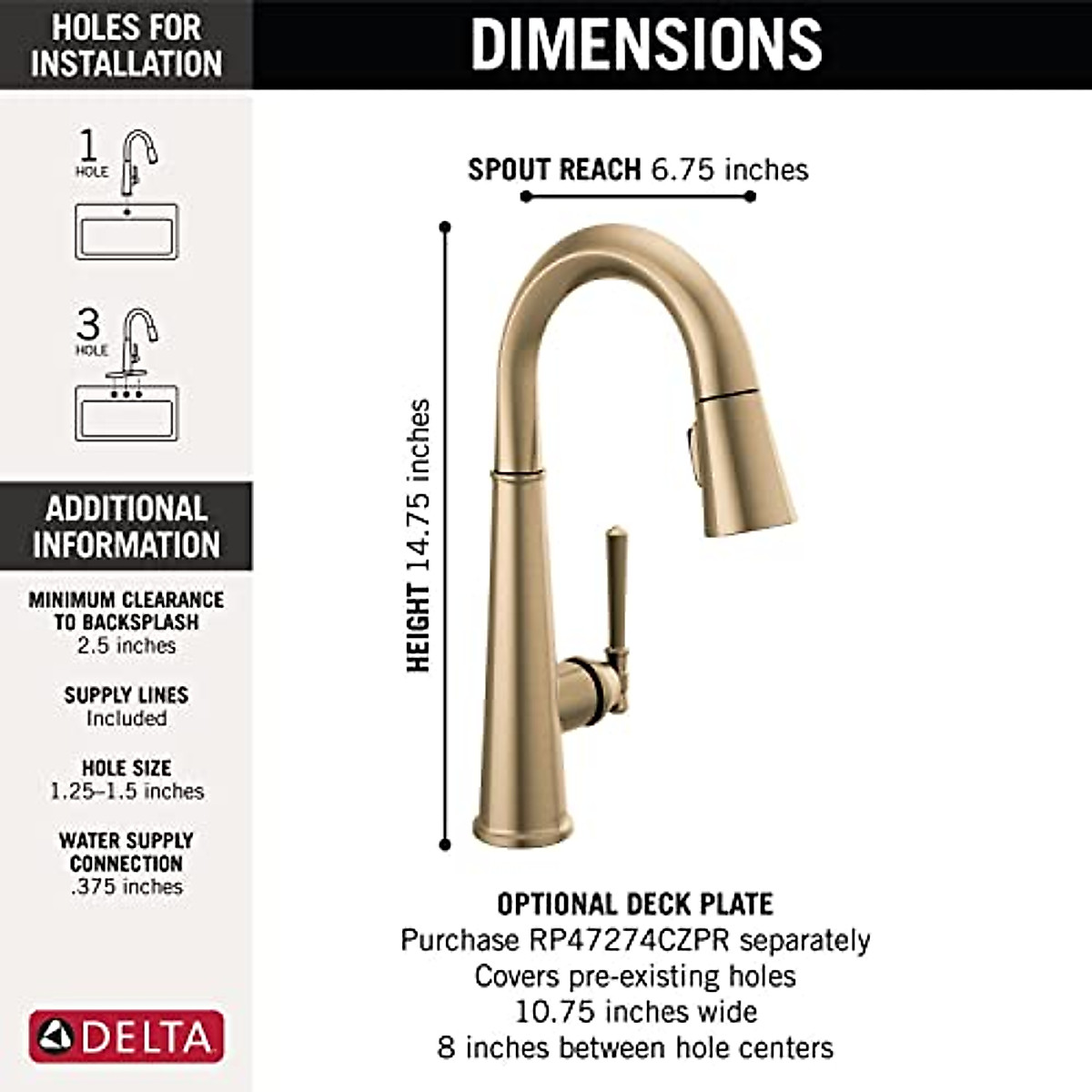Delta Faucet Emmeline Gold Bar Faucet with Pull Down Sprayer, Bar Sink Faucet Single Hole, Wet Bar Faucets with Pull Down Sprayer, Prep Sink Faucet, Lumicoat Champagne Bronze 9982-CZ-PR-DST