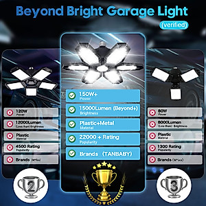 TANBABY 2 Pack LED Garage Lights, Total 30000LM Deformable Best Garage Light Ceiling LED Shop Lights, 150W E26/E27 LED Light Garage Lighting with 6+1 Adjustable Panels Garage Bulb for Basement, Attic
