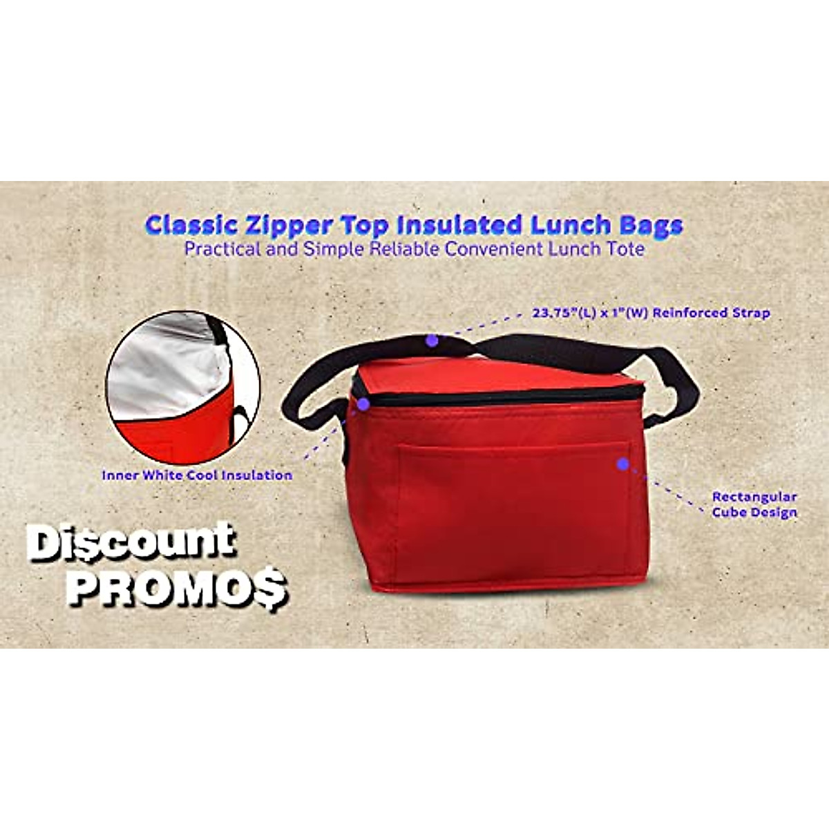 DISCOUNT PROMOS 10 Zipper Top Insulated Lunch Bags Set - Non Woven, Vibrant, Black Strap - Red
