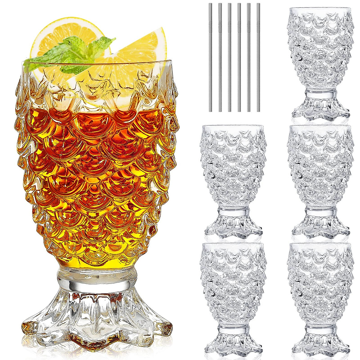 INFTYLE Set of 6 Pineapple Cocktail glasses Vintage glassware Whiskey Glasses Classic Wine Drinking Glasses Mixed Drinkware Sets Gift for Men Women(8oz)