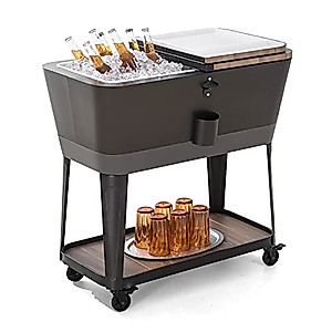 Sunjoy 80 Qt Rolling Cooler Cart Ice Chest, Patio Portable Party Mobile Cold Drink Bar Trolley, Quart, Silver