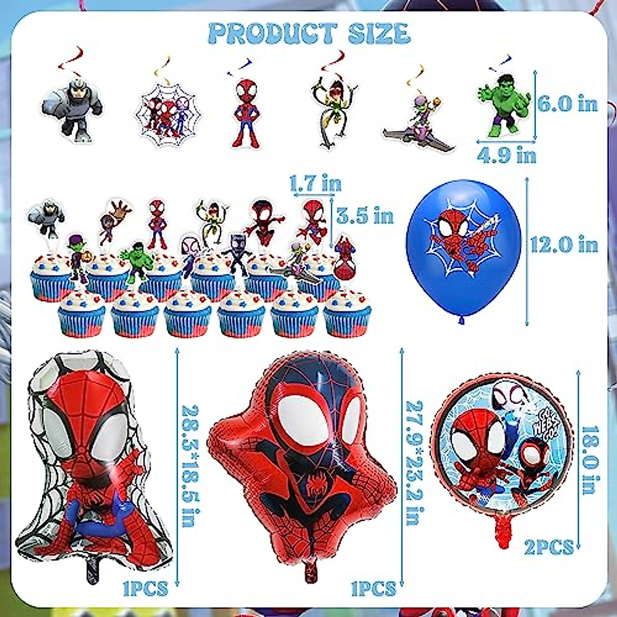 Spidey and Friends Birthday Decorations Include Banner, Backdrop, Balloons, Hanging Swirls, Cake Cupcake Toppers, Tablecloth for Spidey and His Amazing Friends Birthday Decorations