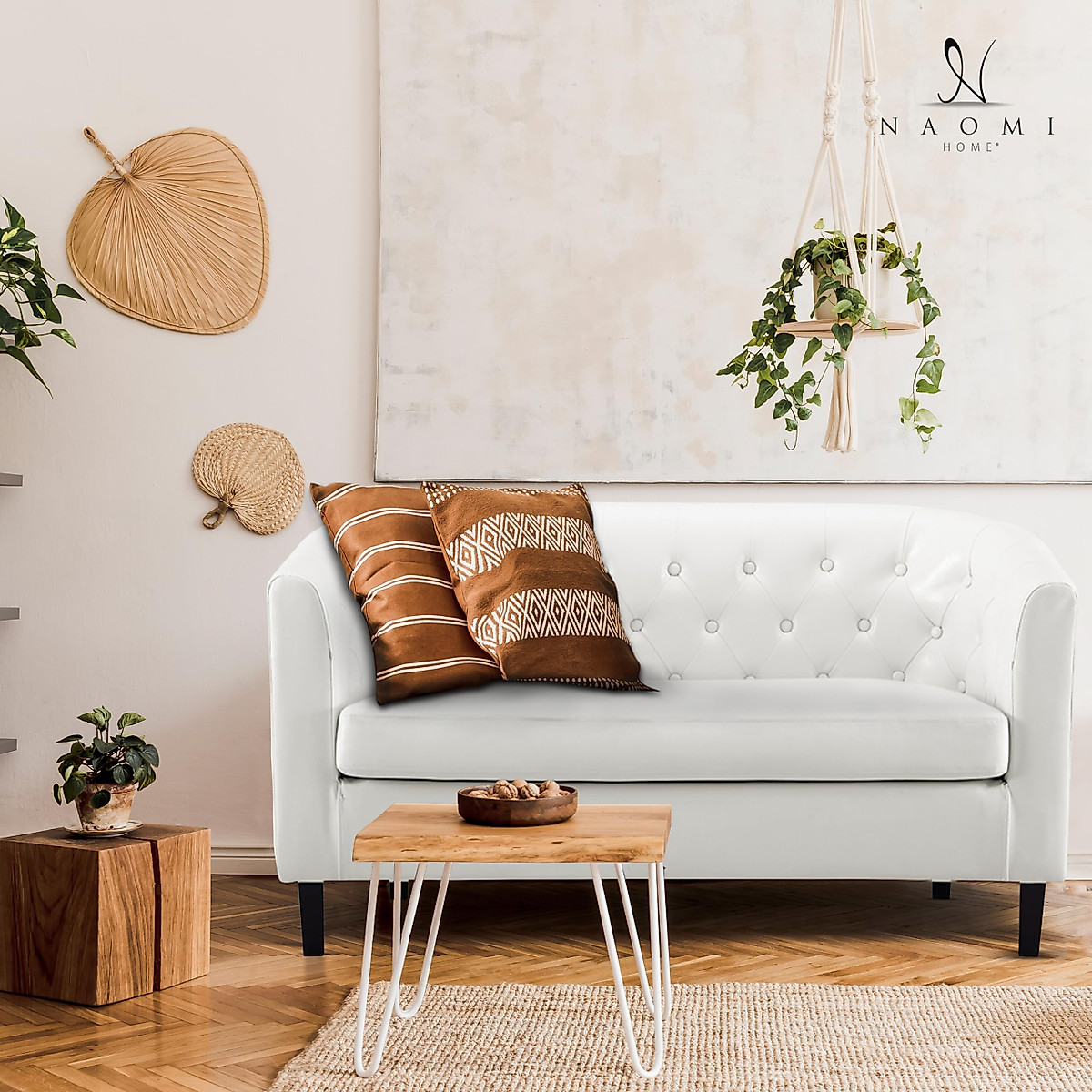 Emma Love Seat, Button Tufted Faux Leather Barrel Loveseat, Midcentury Modern 2 Seater Sofa Couch, Small Loveseat for Small Spaces, Bedrooms, Couches for Living Room, Easy Tool-Free Assembly - White