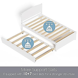 Xilingol Trundle Bed Twin, Solid Wood Bed Frames with Headboard and Wooden Slats Support, Twin Trundle Bed Frame Roll Out, Single Box Bed (No Box Spring Needed), White