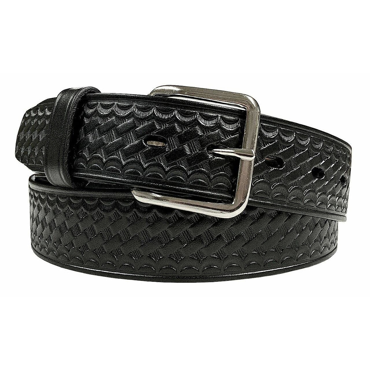 Utility Uniform Work Belt w/Simple Single Prong Buckle One Piece Full Grain Leather Basketweave Embossed Belt 1-1/2"(38mm) Wide (Black, 36)
